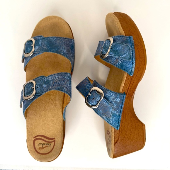 Dansko | Shoes | Dansko Blue Metallic Leather Strappy Slide Clog Sandal ...